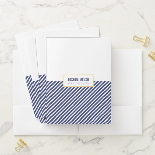 MODERN STRIPE LOGO masculine smart navy blue gold Pocket Folder | Zazzle