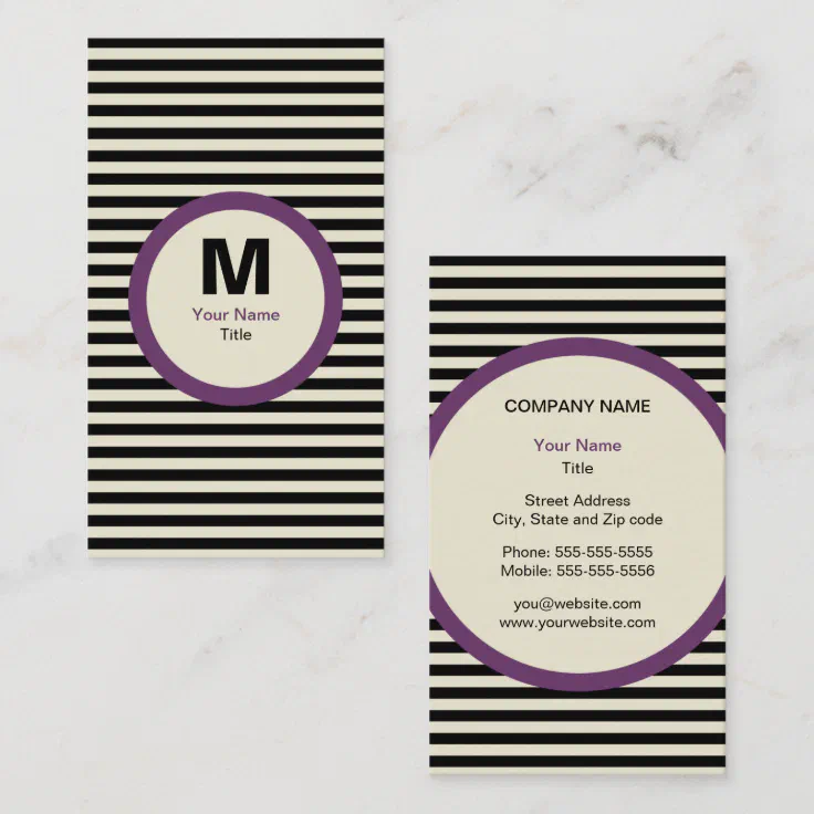 Modern Stripe Monogram Business Card - Black/Cream | Zazzle