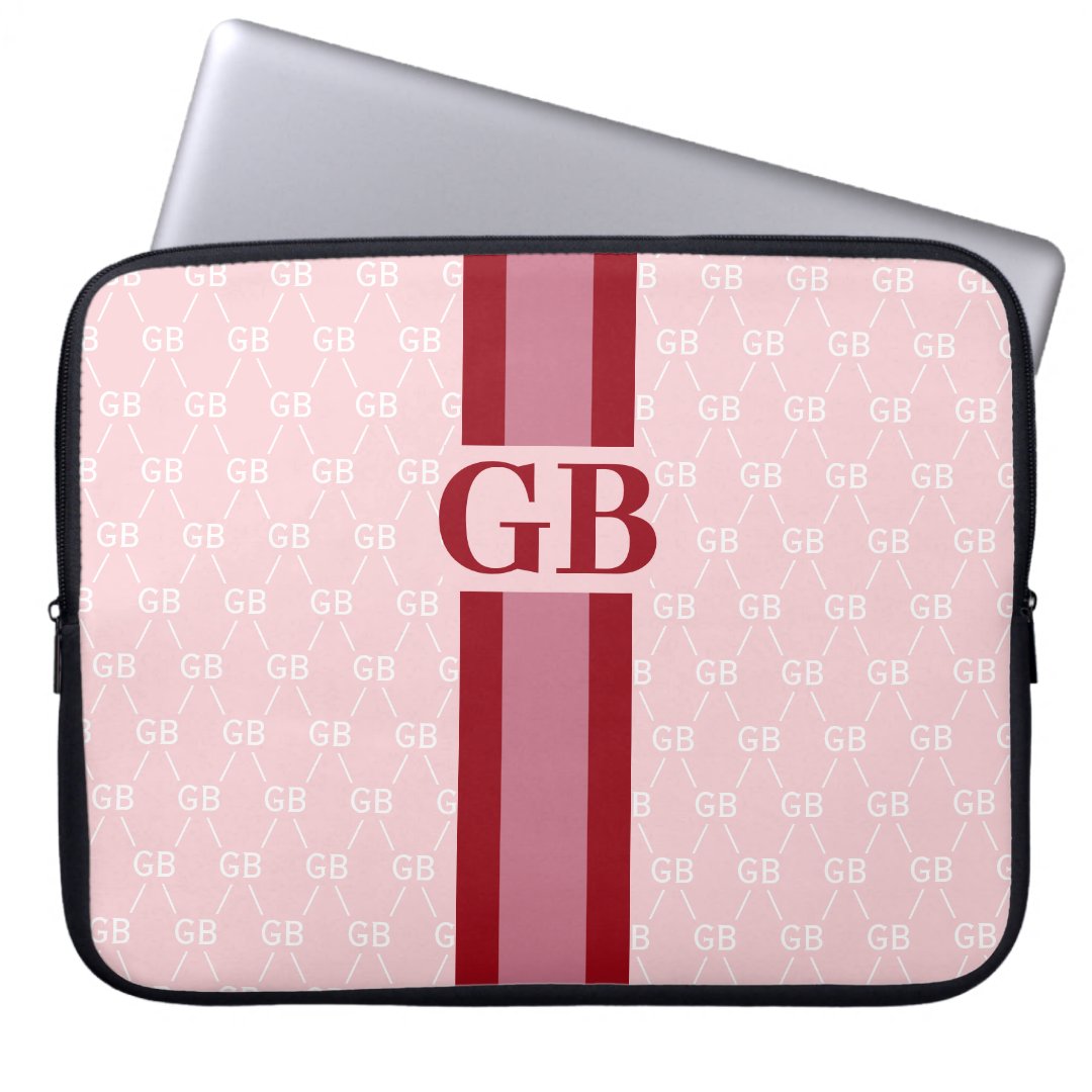 Modern Stripe Monogram w/ Designer Pattern Pink Laptop Sleeve | Zazzle