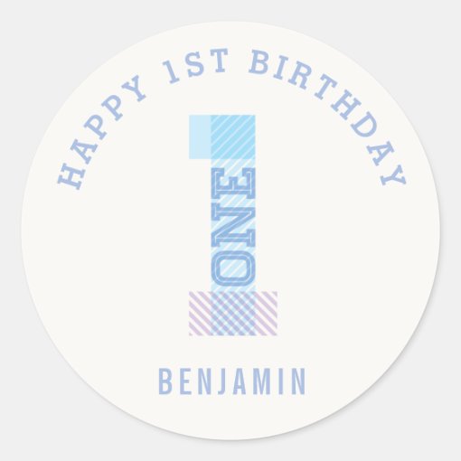 Modern Stripes Big Number ONE 1st Birthday Party Classic Round Sticker ...