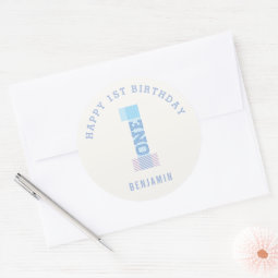 Modern Stripes Big Number ONE 1st Birthday Party Classic Round Sticker ...