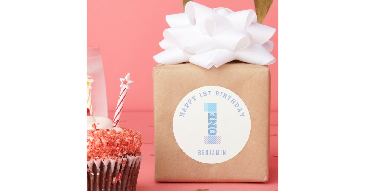 Modern Stripes Big Number ONE 1st Birthday Party Classic Round Sticker ...