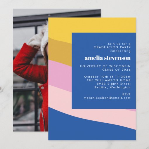 Modern Stripes Blue Yellow Graduation Party Photo Invitation | Zazzle