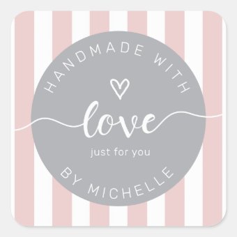 modern stripes handmade with love monogram square sticker | Zazzle