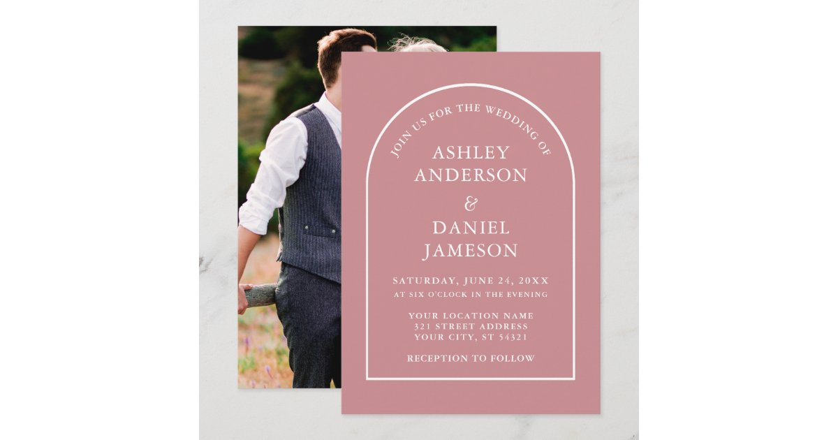 Modern Stylish Arch Dusty Rose Photo Wedding Invitation | Zazzle