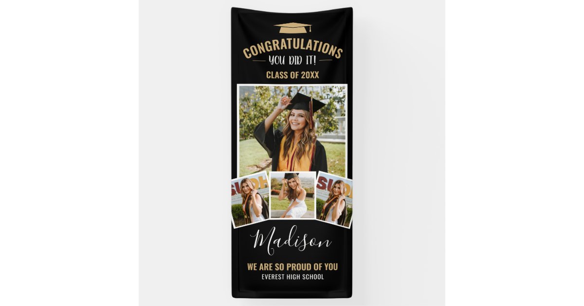 Modern Stylish Black 4 Photo Collage Graduation Banner | Zazzle