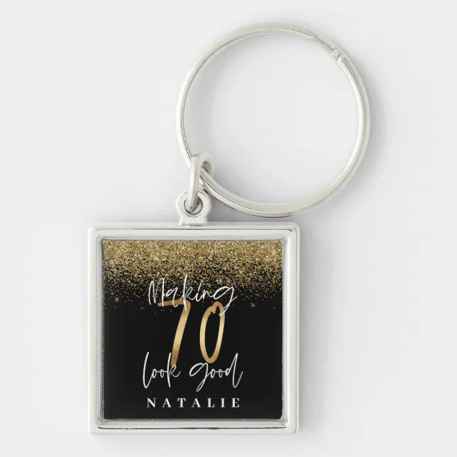 Modern stylish black and gold glitter 70 birthday keychain | Zazzle