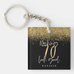Modern stylish black and gold glitter 70 birthday keychain | Zazzle