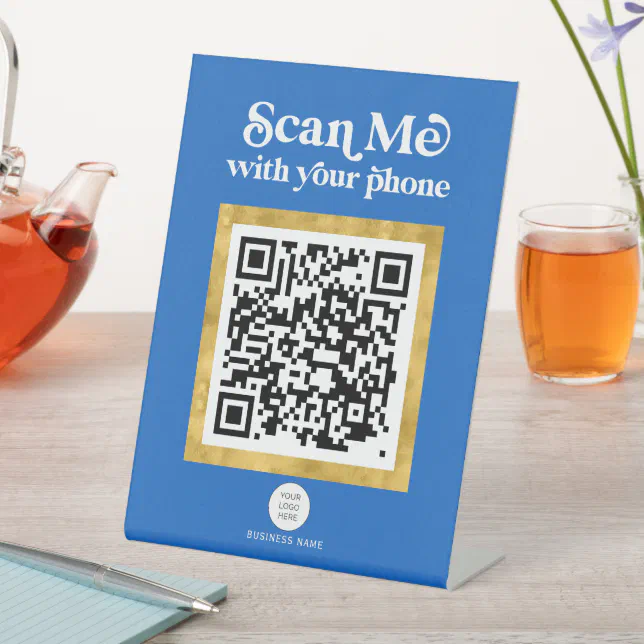 Modern stylish blue QR code business sign | Zazzle