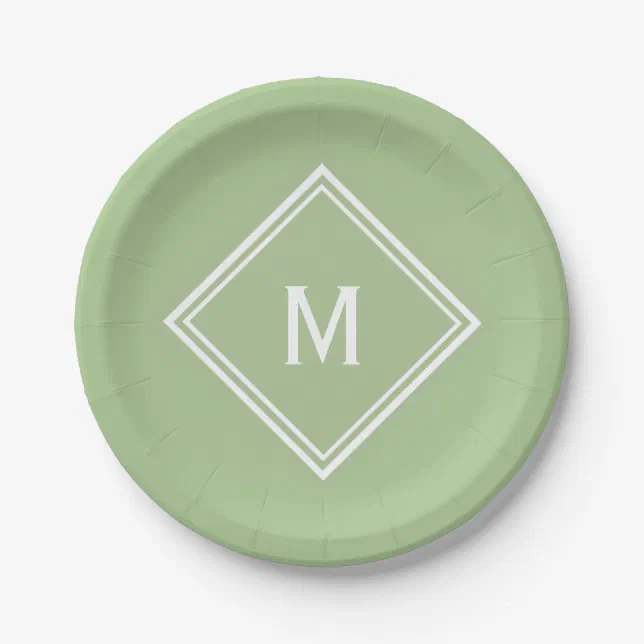 Modern Stylish Sage Green Custom Monogram Paper Plates | Zazzle