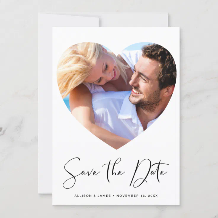 Modern Stylish Script Heart Shaped Photo Save The Date | Zazzle