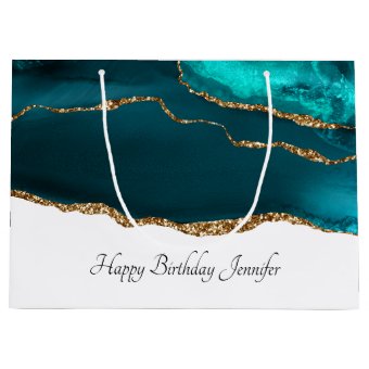 Modern Stylish Teal Agate & Gold Ribbon Birthday Large Gift Bag | Zazzle