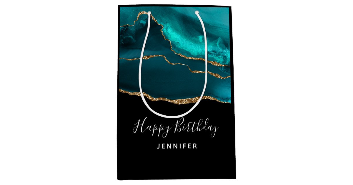 Modern Stylish Teal Agate & Gold Ribbon Birthday Medium Gift Bag | Zazzle