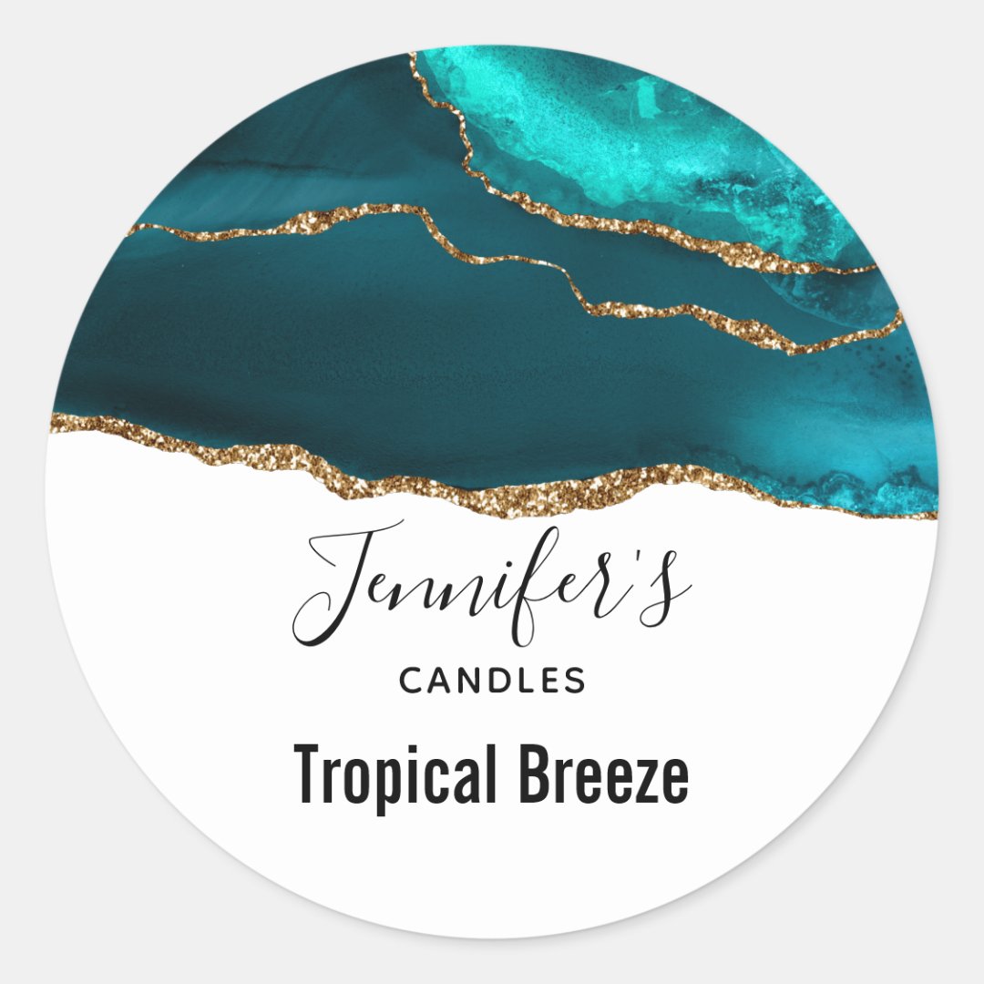 Modern Stylish Teal Agate & Gold Ribbon Candle Classic Round Sticker ...