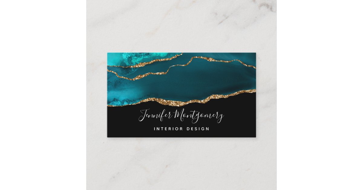 Modern Stylish Teal Agate & Gold Ribbon on Black Business Card | Zazzle