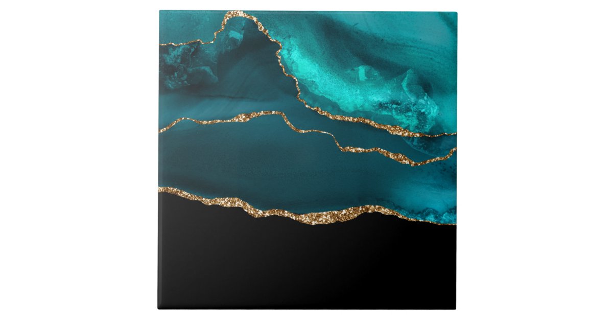 Modern Stylish Teal Agate & Gold Ribbon on Black Ceramic Tile | Zazzle