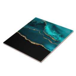 Modern Stylish Teal Agate & Gold Ribbon on Black Ceramic Tile | Zazzle