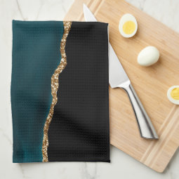 Modern Stylish Teal Agate & Gold Ribbon on Black Kitchen Towel | Zazzle