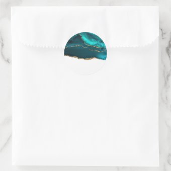 Modern Stylish Teal Agate & Gold Ribbon on White Classic Round Sticker ...