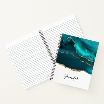Modern Stylish Teal Agate & Gold Ribbon on White Notebook | Zazzle