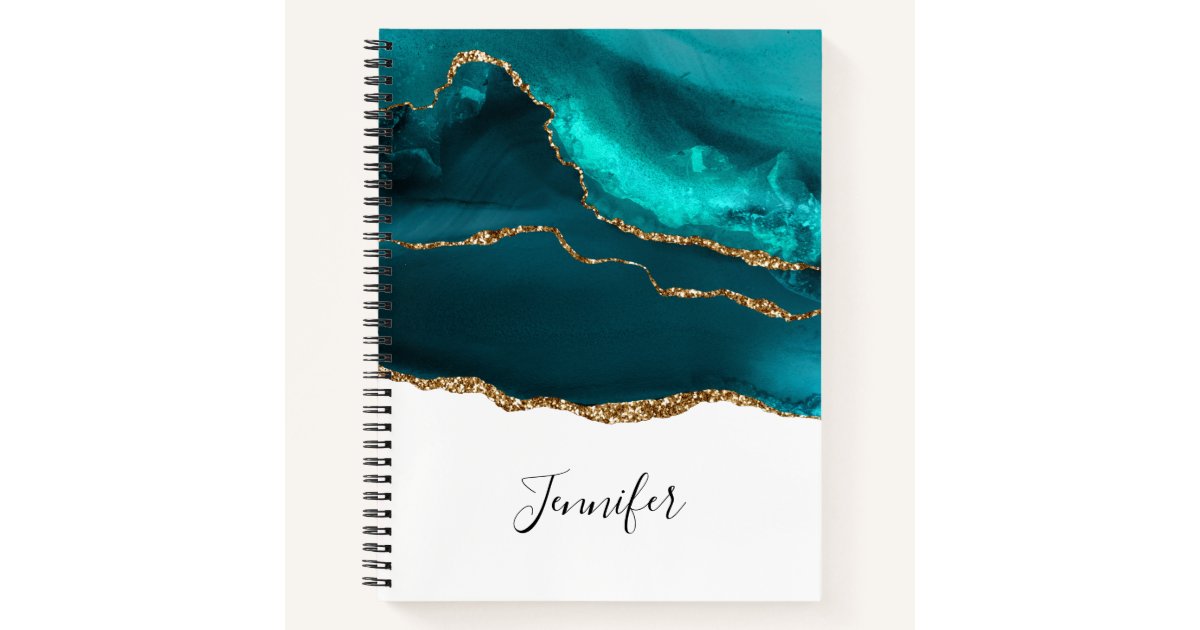 Modern Stylish Teal Agate & Gold Ribbon on White Notebook | Zazzle
