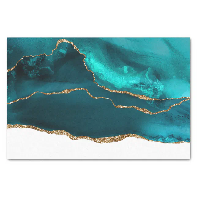 Modern Stylish Teal Agate & Gold Ribbon on White Tissue Paper | Zazzle