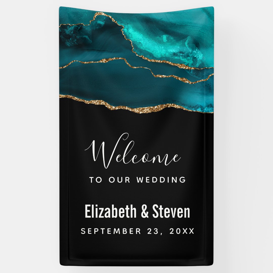 Modern Stylish Teal Agate & Gold Ribbon Wedding Banner | Zazzle