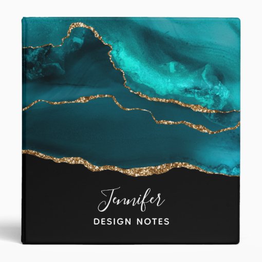 Modern Stylish Teal & Gold Agate on Black 3 Ring Binder | Zazzle