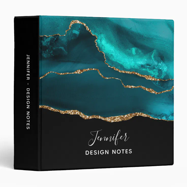 Modern Stylish Teal & Gold Agate on Black 3 Ring Binder | Zazzle