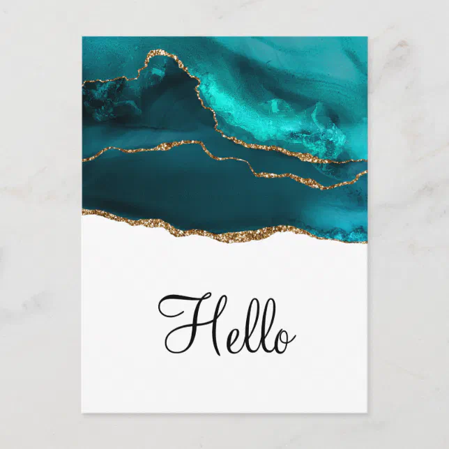 Modern Stylish Teal Gold & White Agate Hello Postcard | Zazzle
