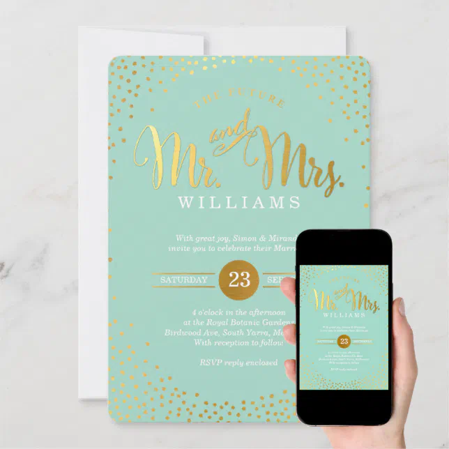 MODERN STYLISH WEDDING mini gold confetti mint Invitation | Zazzle