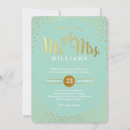 MODERN STYLISH WEDDING mini gold confetti mint Invitation | Zazzle
