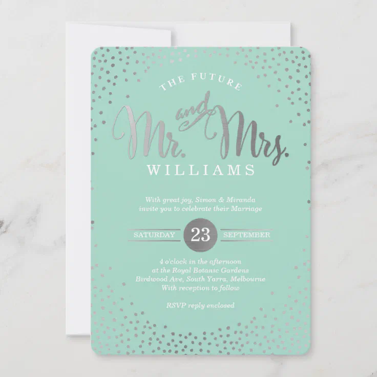 MODERN STYLISH WEDDING mini silver confetti mint Invitation | Zazzle
