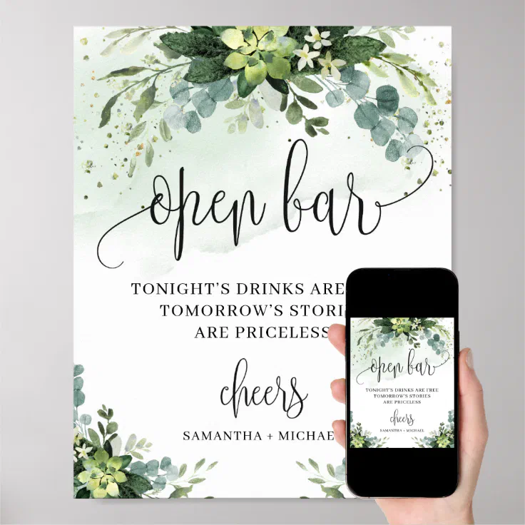 Modern succulent eucalyptus open bar sign | Zazzle
