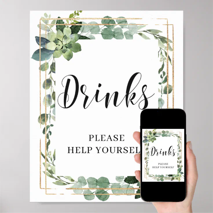Modern Succulent Greenery Floral Drinks Sign | Zazzle