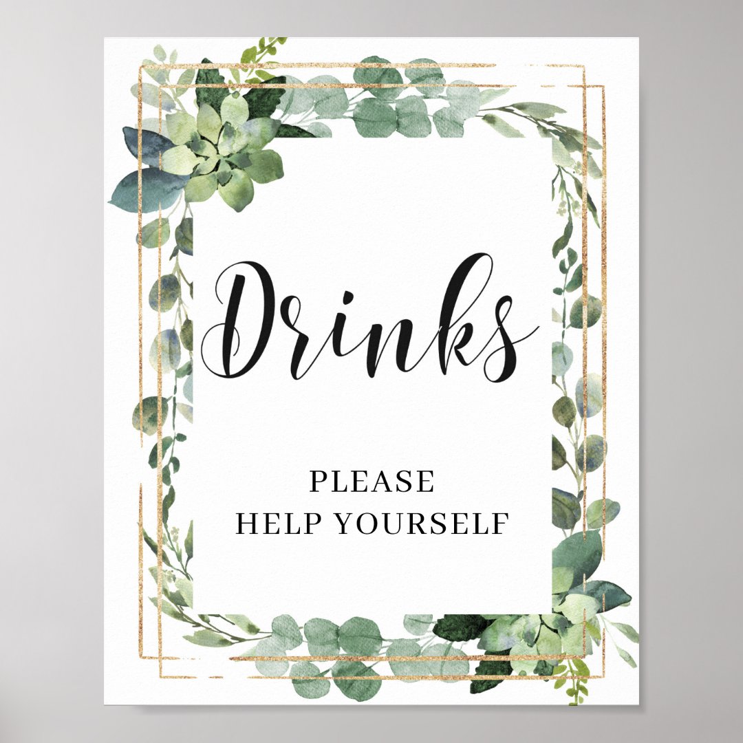 Modern Succulent Greenery Floral Drinks Sign | Zazzle