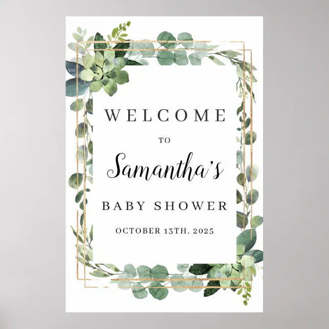 Modern succulent greenery foliage gold welcome poster | Zazzle