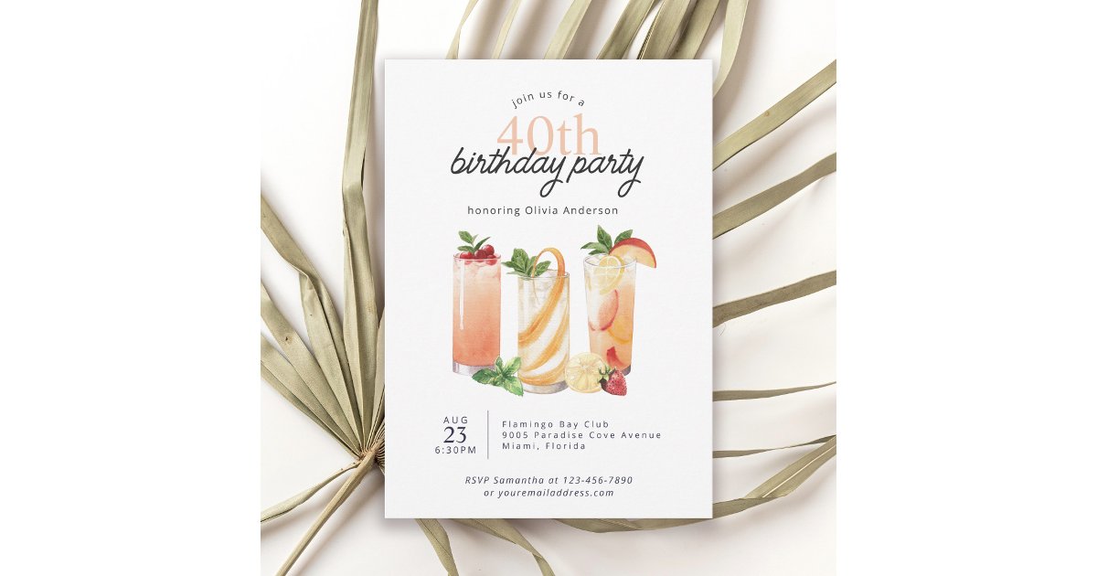 Modern Summer Cocktails 40th Birthday Party Invitation | Zazzle