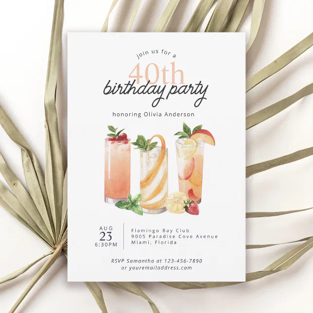 Modern Summer Cocktails 40th Birthday Party Invitation | Zazzle
