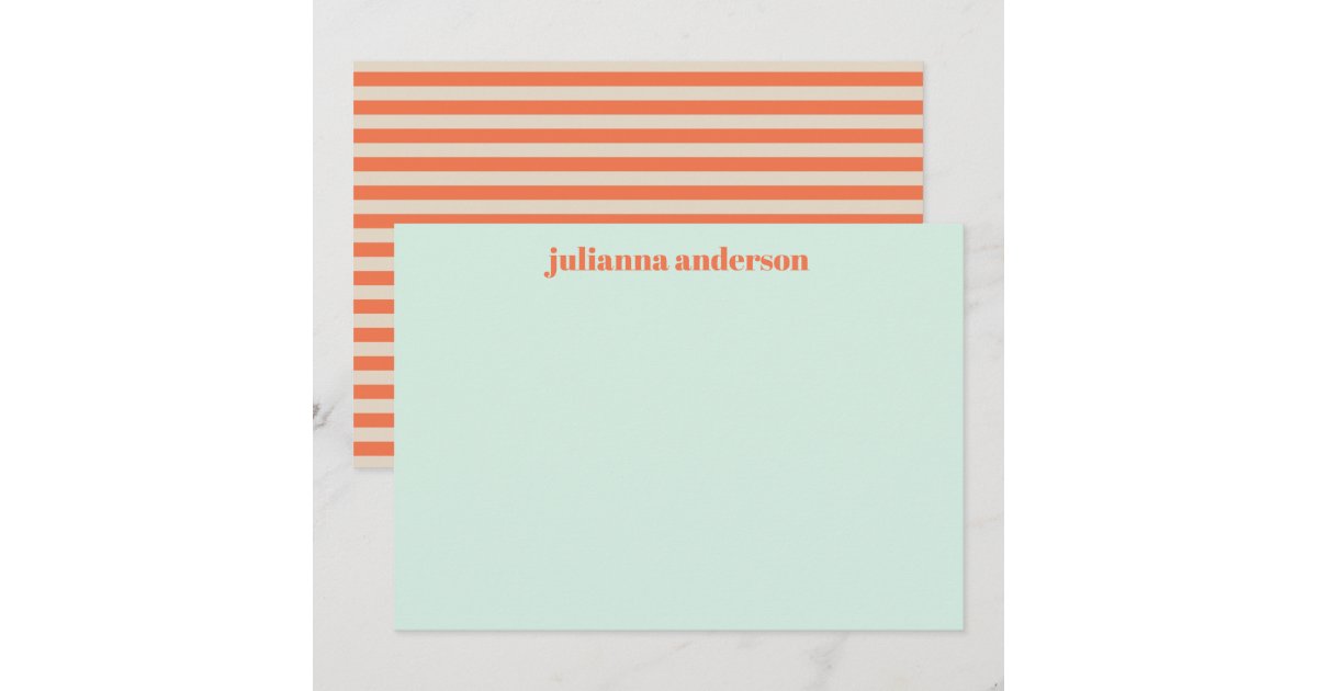Modern Summer Mint Orange Striped Personalized Note Card | Zazzle