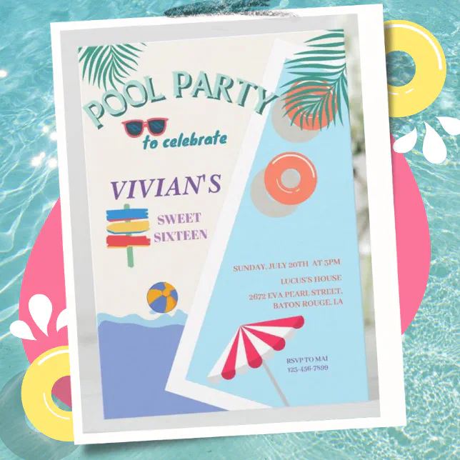 Modern Summer Pool Party Sweet 16 Birthday Invitation | Zazzle