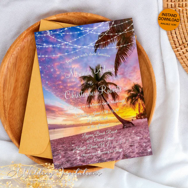 Modern Summer Sunset String Lights Beach Wedding Invitation | Zazzle