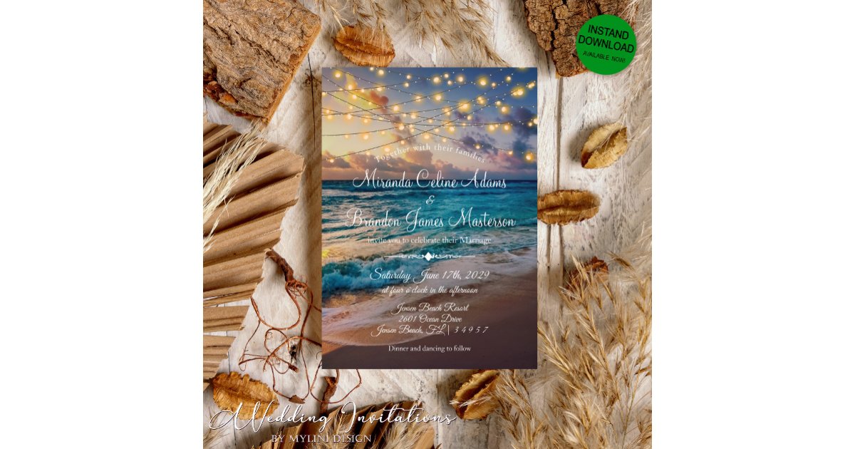 Modern Summer Sunset String Lights Beach Wedding Invitation | Zazzle