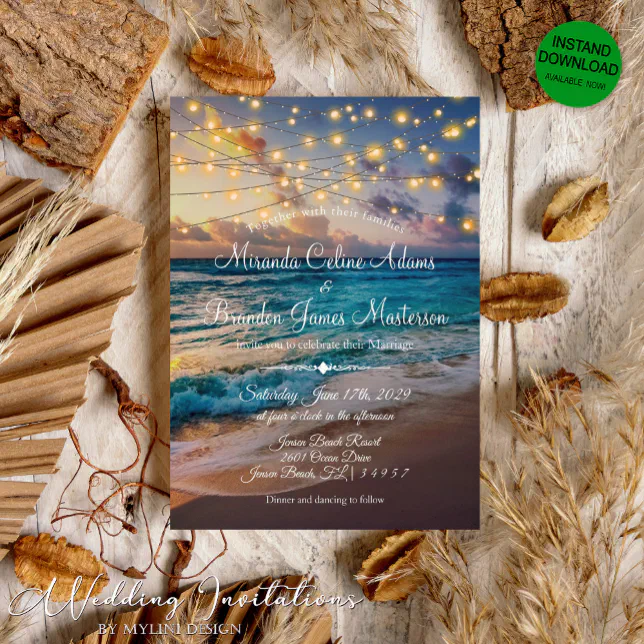 Modern Summer Sunset String Lights Beach Wedding Invitation | Zazzle