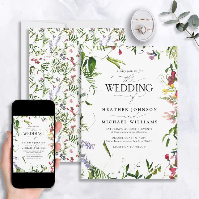 Modern Summer Wildflower Watercolor Script Wedding Invitation | Zazzle