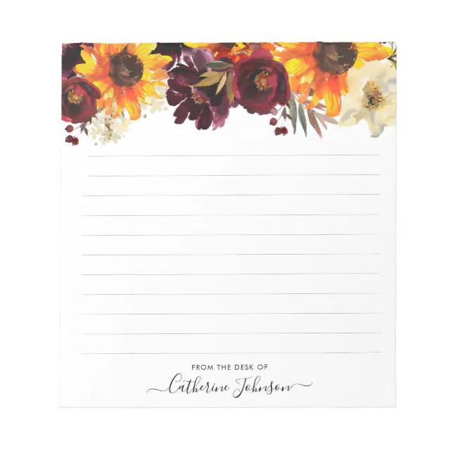 Modern Sunflower Burgundy Rose Floral Watercolor Notepad | Zazzle
