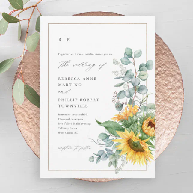 Modern Sunflower Eucalyptus Wedding Magnetic Invitation | Zazzle
