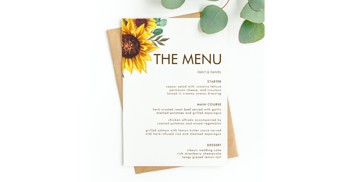 Modern Sunflower Floral Botanical Wedding Menu | Zazzle