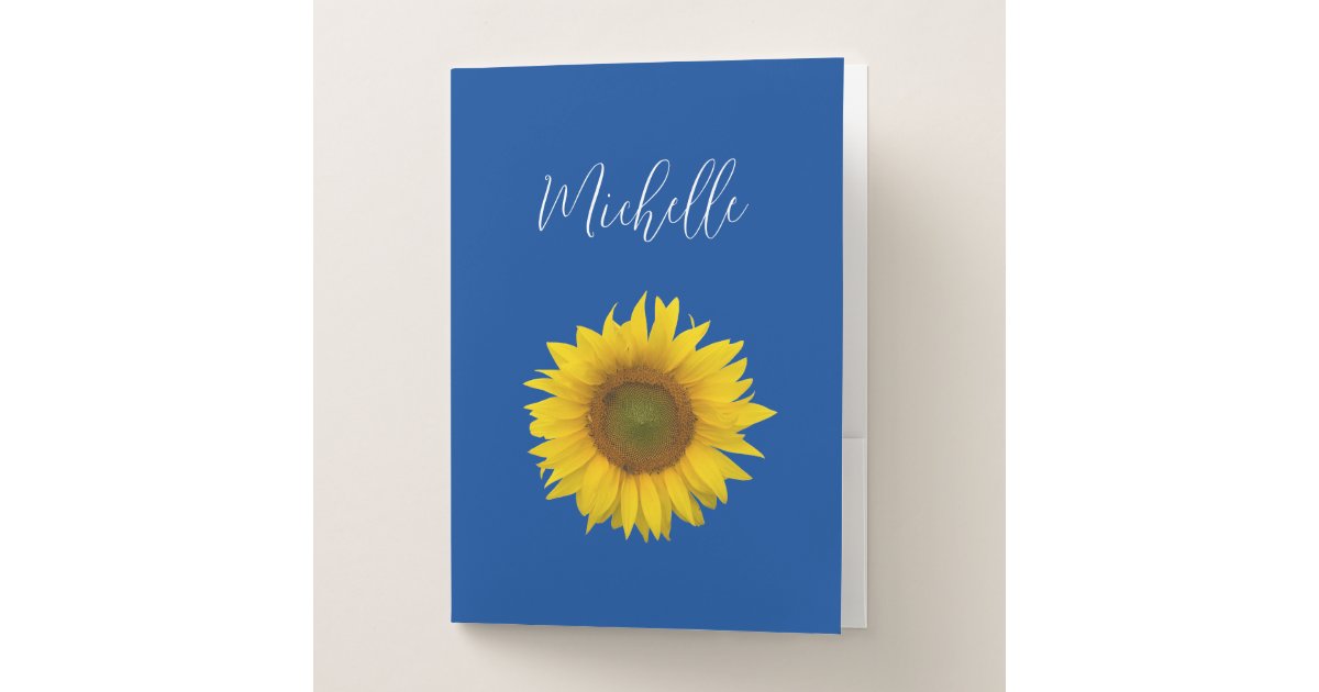 Modern Sunflower Personalized Script Blue Pocket Folder | Zazzle