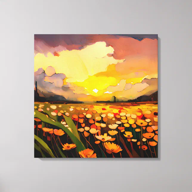Modern Sunset Over Flower Field Watercolor Canvas Print | Zazzle